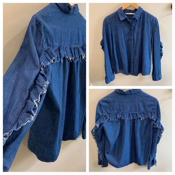 Zara | Tops | Zara Ruffle Denim Shirt | Poshmark